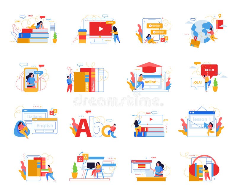 Language School 4x4 Flat Icons Stock Vector - Illustration of tutorial ...