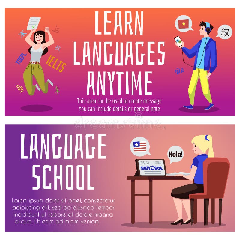 Language School and Online Courses Banners or Flyers, Flat Vector ...
