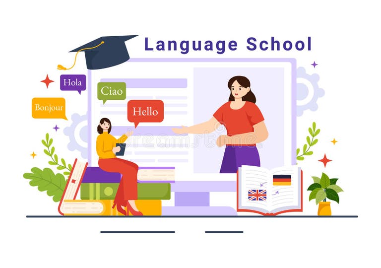 Language School Vector Illustration of Online Learning, Courses ...