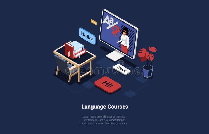Language Study Courses Vector Illustration in Cartoon 3D Style on Dark ...