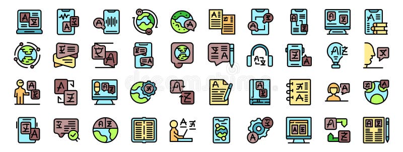 Language Translation Icons Set. People Translating Using Software and ...