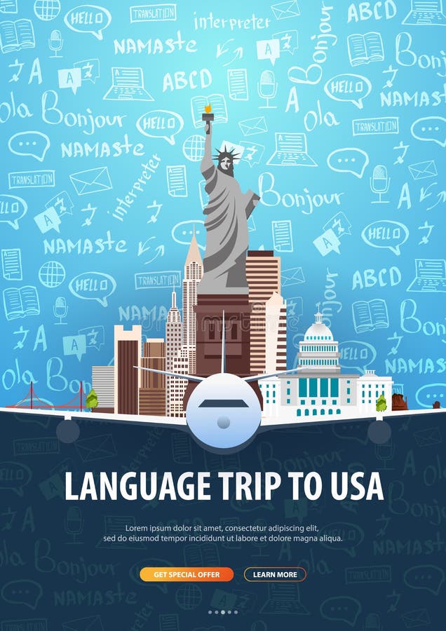 Language Trip, Tour, Travel To USA. Learning Languages Stock Vector ...