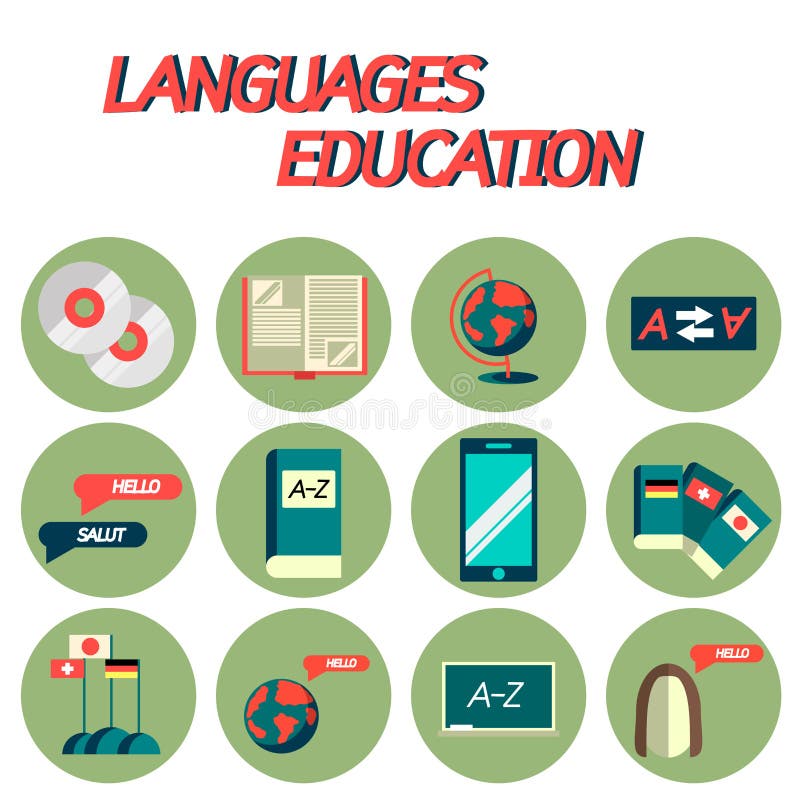 Languages Education Set Icons. Blue Neon Style Stock Vector ...