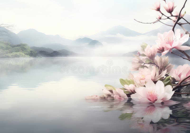 Lanscape View of Lake with Blossom Flower. AI Generative Stock ...