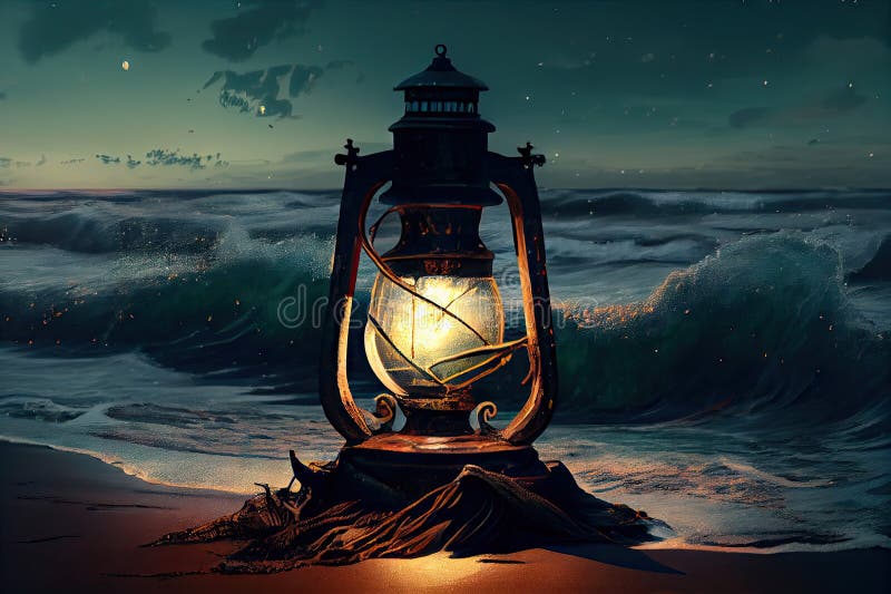 Lantern on the Beach, with Waves Rolling in and Out Stock Illustration ...