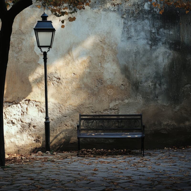 Lantern and Bench in the Park on a Grunge Background Stock Illustration ...
