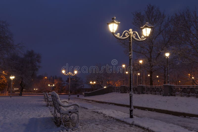 Lantern and Bench in Park at Winter Night Stock Photo - Image of park ...