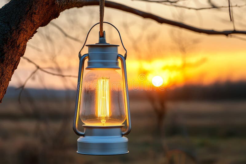 Lantern with a Bulb Hanging from a Tree Branch Stock Image - Image of ...