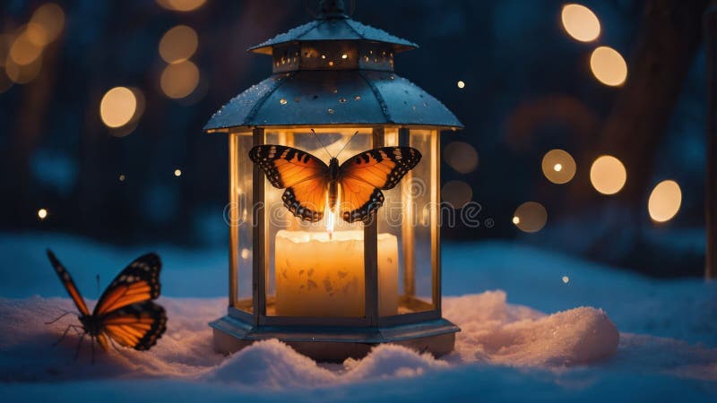 Magical Winter Night: Butterfly on Candle Lantern in Snow Stock ...