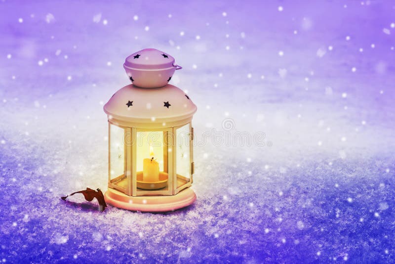 Lantern with Candle in the Snow during Snowfall_ Stock Photo - Image of ...