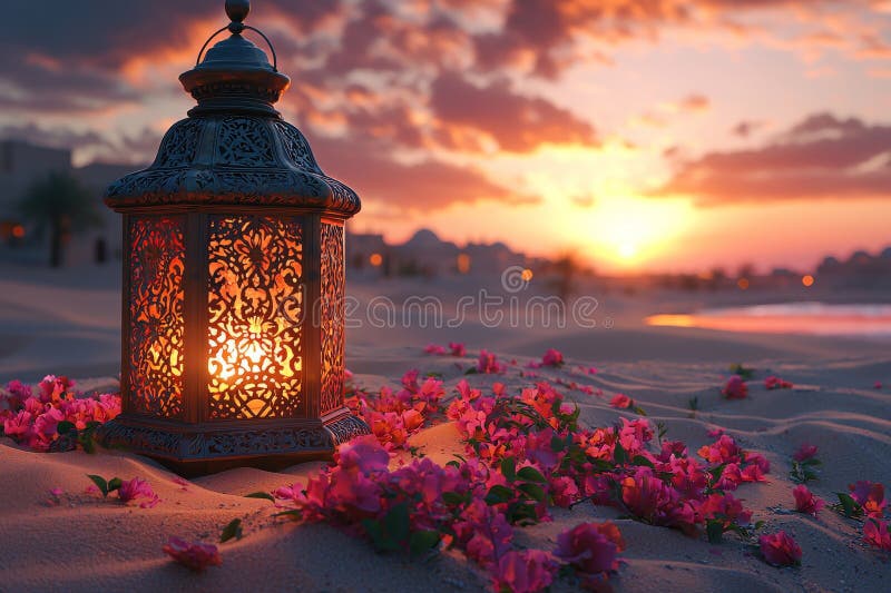 A Lantern Casting Shadows on the Sand Beneath a Beautiful Sunset Sky ...