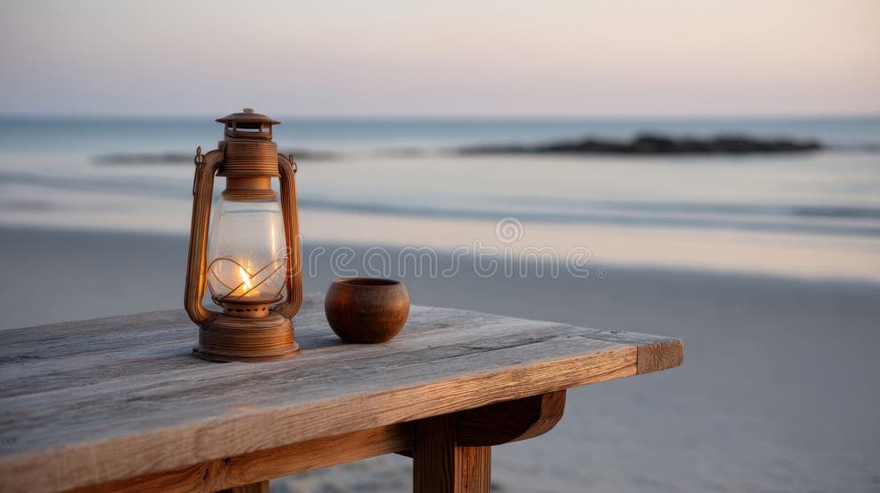 A Lantern and a Cup Rest on a Table by the Beach, Creating a Serene ...
