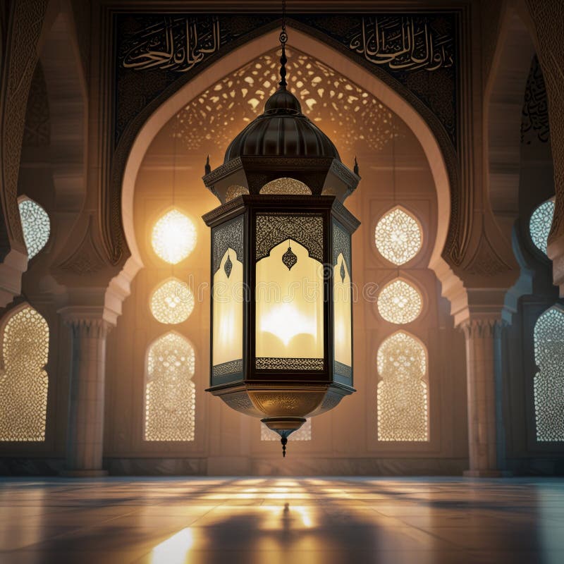 Golden Lantern Illuminates a Serene Muslim Prayer Hall. Stock ...