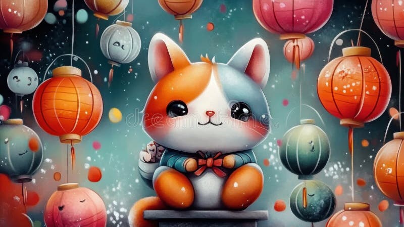 Lantern Festival Whimsical Cat Surrounded by Vibrant Lanterns at ...