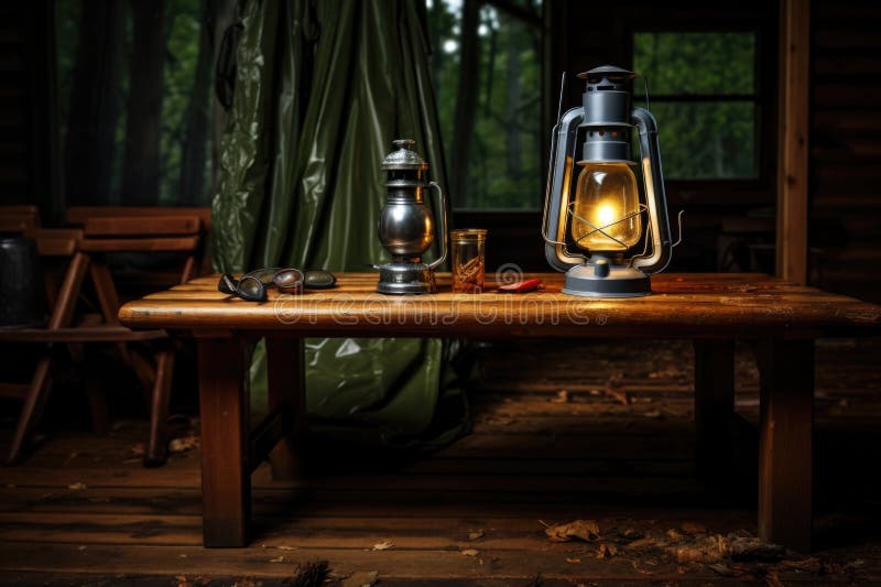 Lantern and Flashlight on a Campsite Table Stock Illustration ...