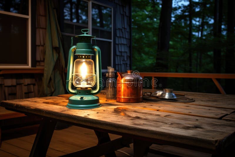 Lantern and Flashlight on a Campsite Table Stock Illustration ...