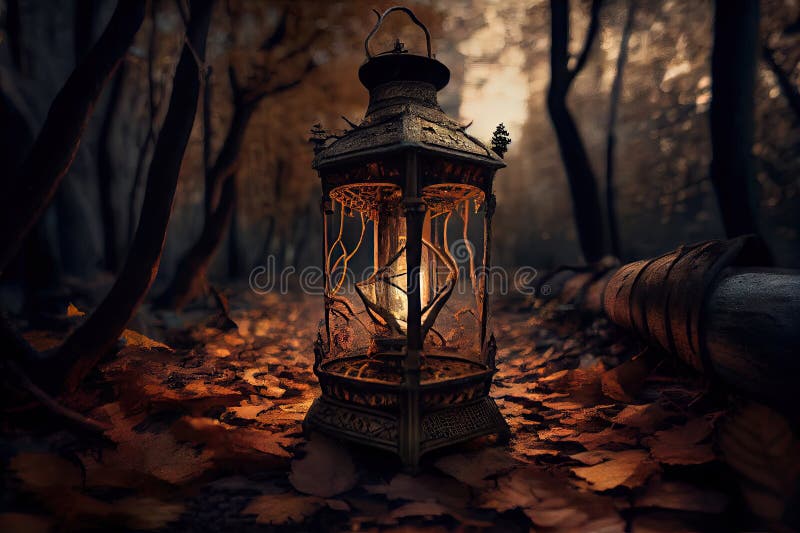 Lantern in a Forest, with Trees Casting Shadows on the Lantern Stock ...