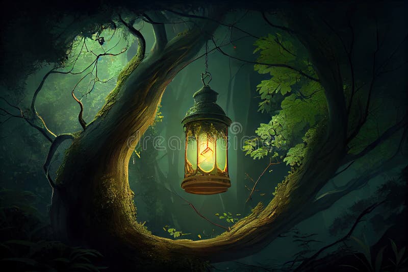 Lantern Hanging from Tall Tree, Surrounded by Lush Forest Stock ...