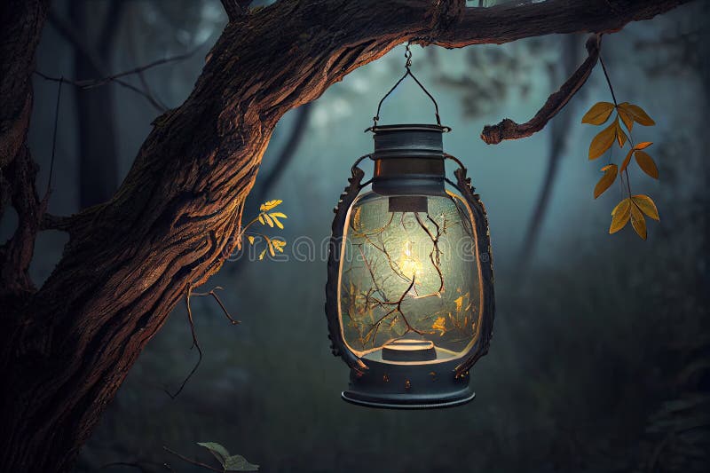 Lantern Hanging from Tree in the Forest at Night Stock Illustration ...