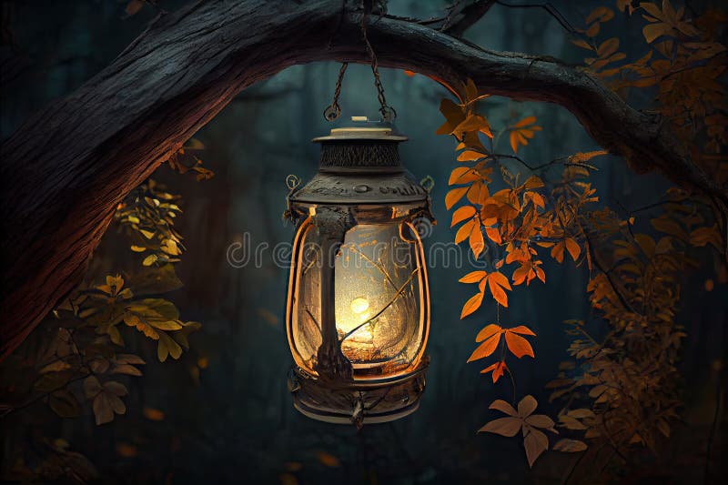 Lantern Hanging from Tree Branch in Forest Setting Stock Illustration ...