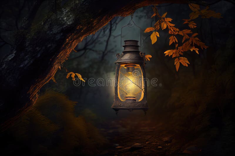 Lantern Hanging from Tree in the Forest at Night Stock Illustration ...