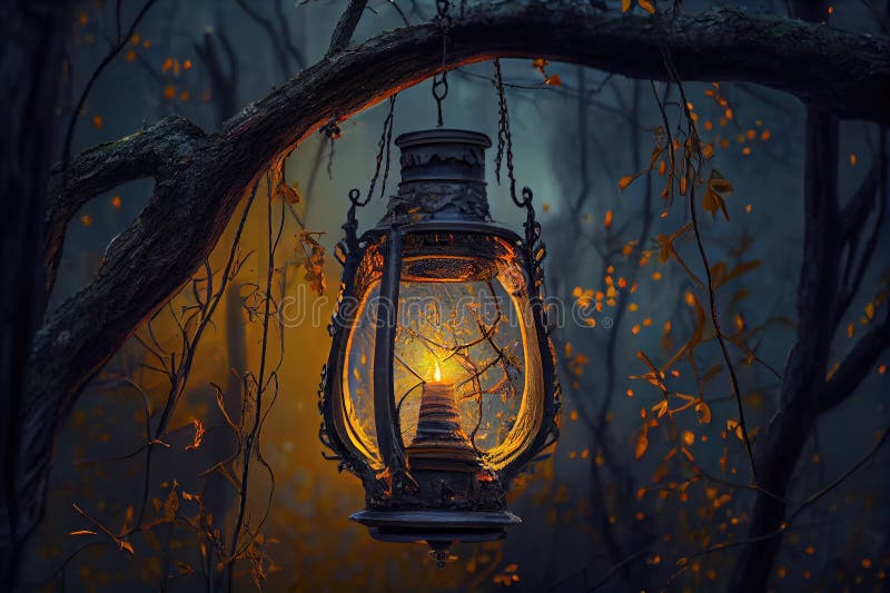 Lantern Hanging from Tree Branch, Surrounded by Forest Stock ...