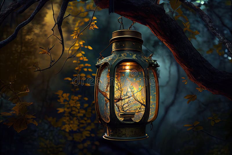 Lantern Hanging from Tree Branch, with View of the Forest Stock ...
