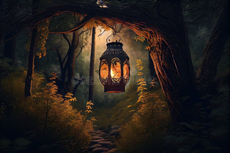 Lantern Hanging from Tree in Forest, with Lantern Light Shining through ...