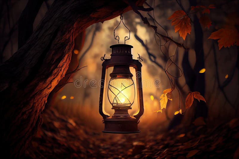 Lantern Hanging from Tree in Forest, with Lantern Light Shining through ...