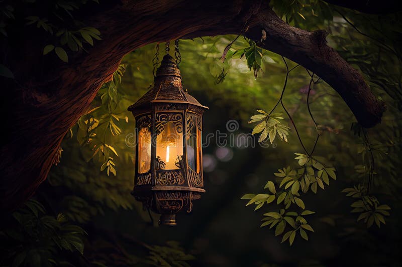 Lantern Hanging from Tree, Surrounded by Lush Greenery Stock ...