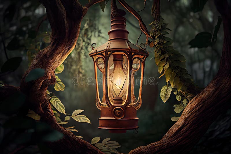Lantern Hung from Tree Branch, Surrounded by Lush Greenery Stock ...