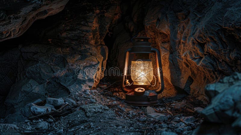 A Lantern Illuminates a Dark Cave, Providing a Warm Glow Stock Photo ...