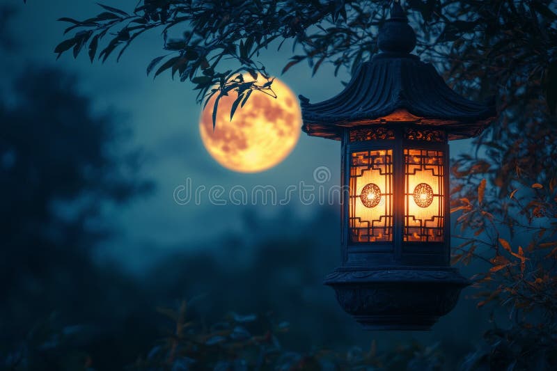 Lantern Illuminates a Pathway Under a Bright Moon in a Serene Night ...