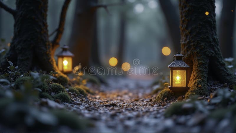Lantern Light in a Mystical Forest Path Stock Illustration ...