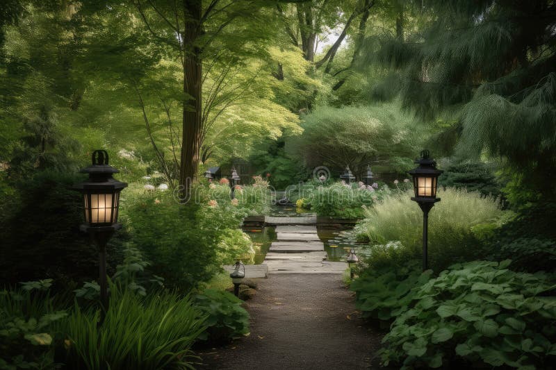 Lantern-lined Path Leading To Serene Garden Pond Stock Photo - Image of ...