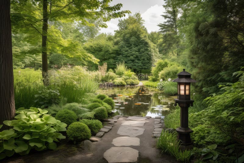 Lantern-lined Path Leading To Serene Garden Pond Stock Image - Image of ...