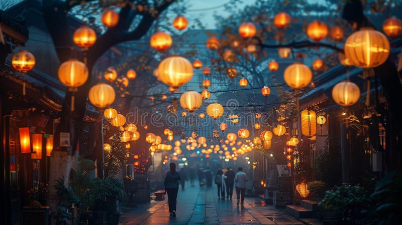 Lantern-Lined Street in Urban Setting Stock Photo - Image of cityscape ...