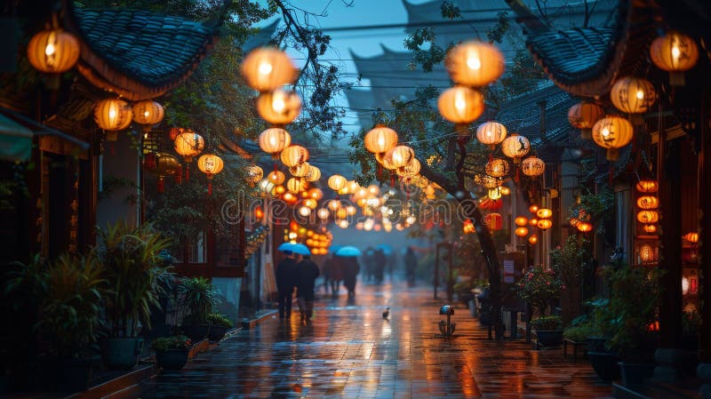 Lantern-Lined Street in Urban Setting Stock Image - Image of lighted ...