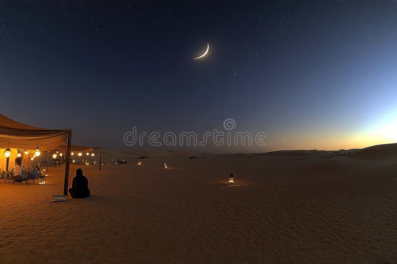 Lantern-Lit Desert Camp Under Crescent Moon Stock Illustration ...