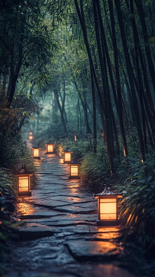 A Lantern-lit Path through a Bamboo Forest Under a Twilight Sky Stock ...