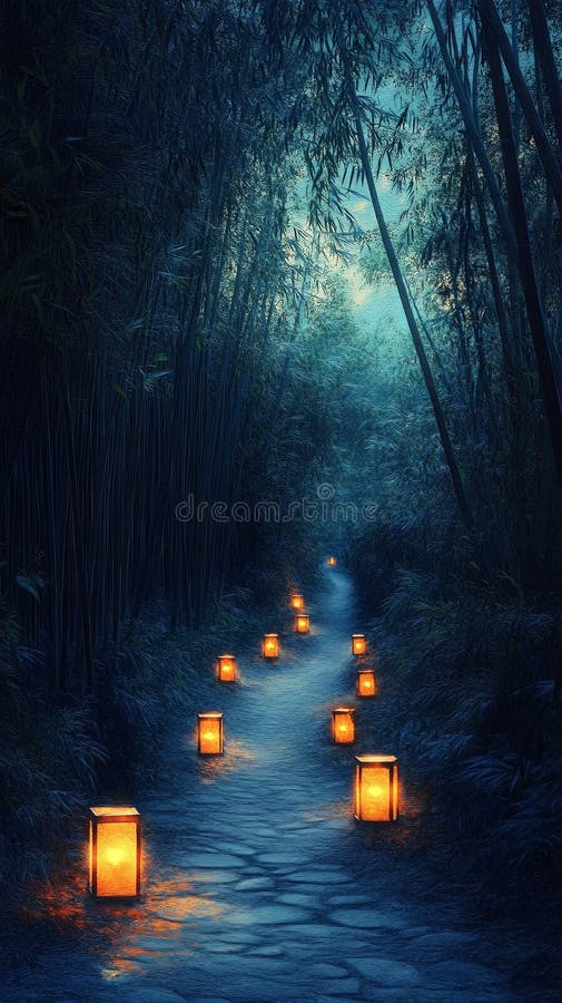 A Lantern-lit Path through a Bamboo Forest Under a Twilight Sky Stock ...