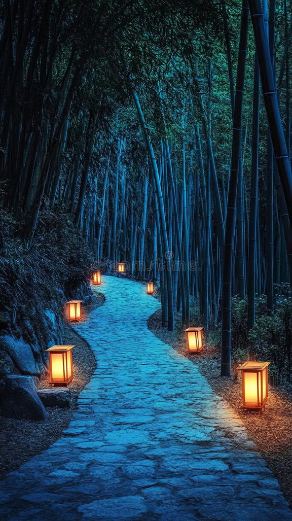 A Lantern-lit Path through a Bamboo Forest Under a Twilight Sky Stock ...