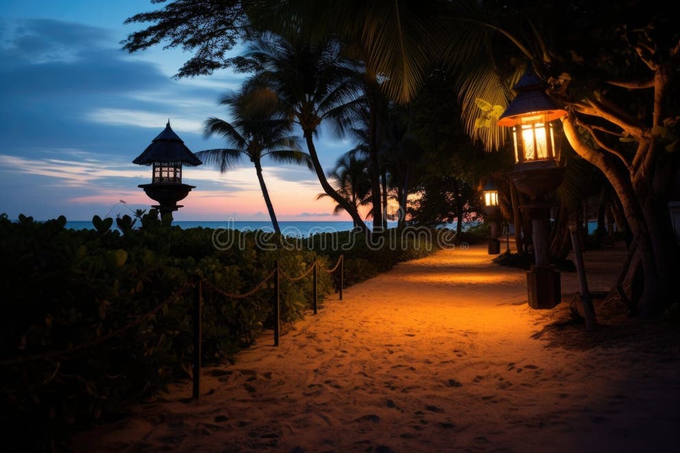 A Lantern-lit Path Leading To a Tropical Beach at Dusk Stock Photo ...