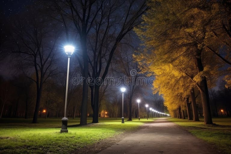A Lantern-lit Path in a Park Under the Night Sky Stock Image - Image of ...
