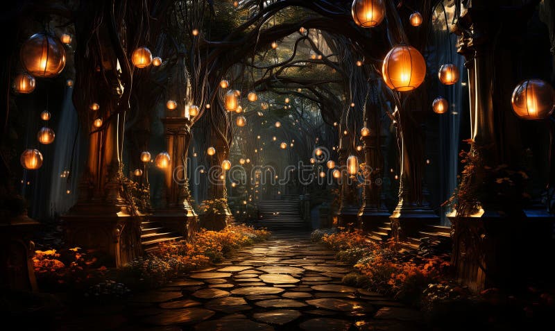 Lantern-Lit Pathway at Night Stock Photo - Image of historic ...