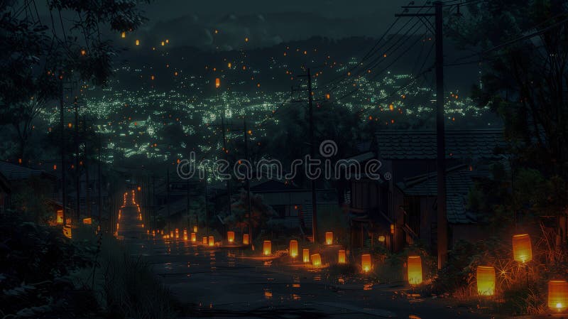 Lantern-Lit Pathway Overlooking a Glowing Town at Night Stock ...