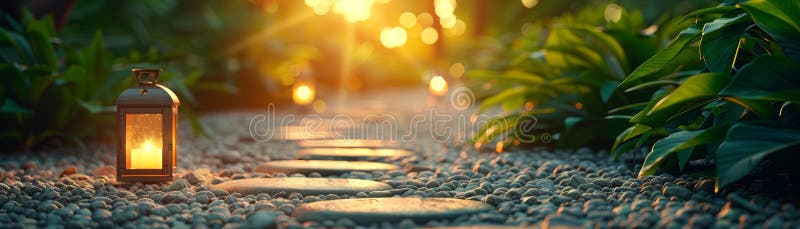 Lantern Lit Pathway in Serene Garden Stock Illustration - Illustration ...