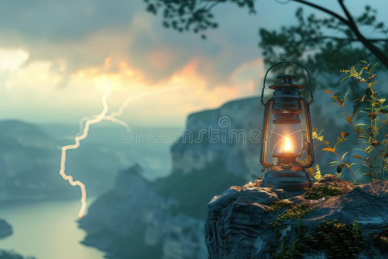A Lantern is Lit in the Rain, with a Storm in the Background with Generative AI Stock Photo ...