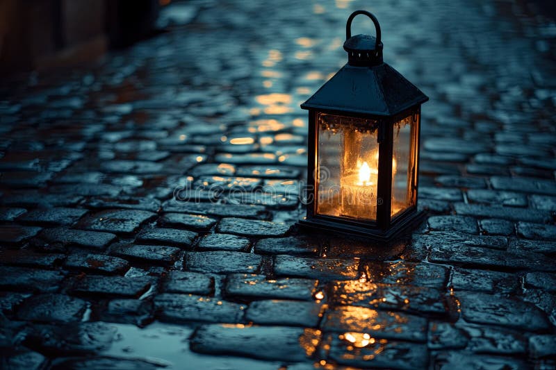 A Lantern Placed on a Cobblestone Street with Faint Reflections from ...