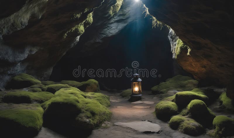A Lantern Sits on a Pathway of Rocks Covered in Moss Inside a Dark Cave ...